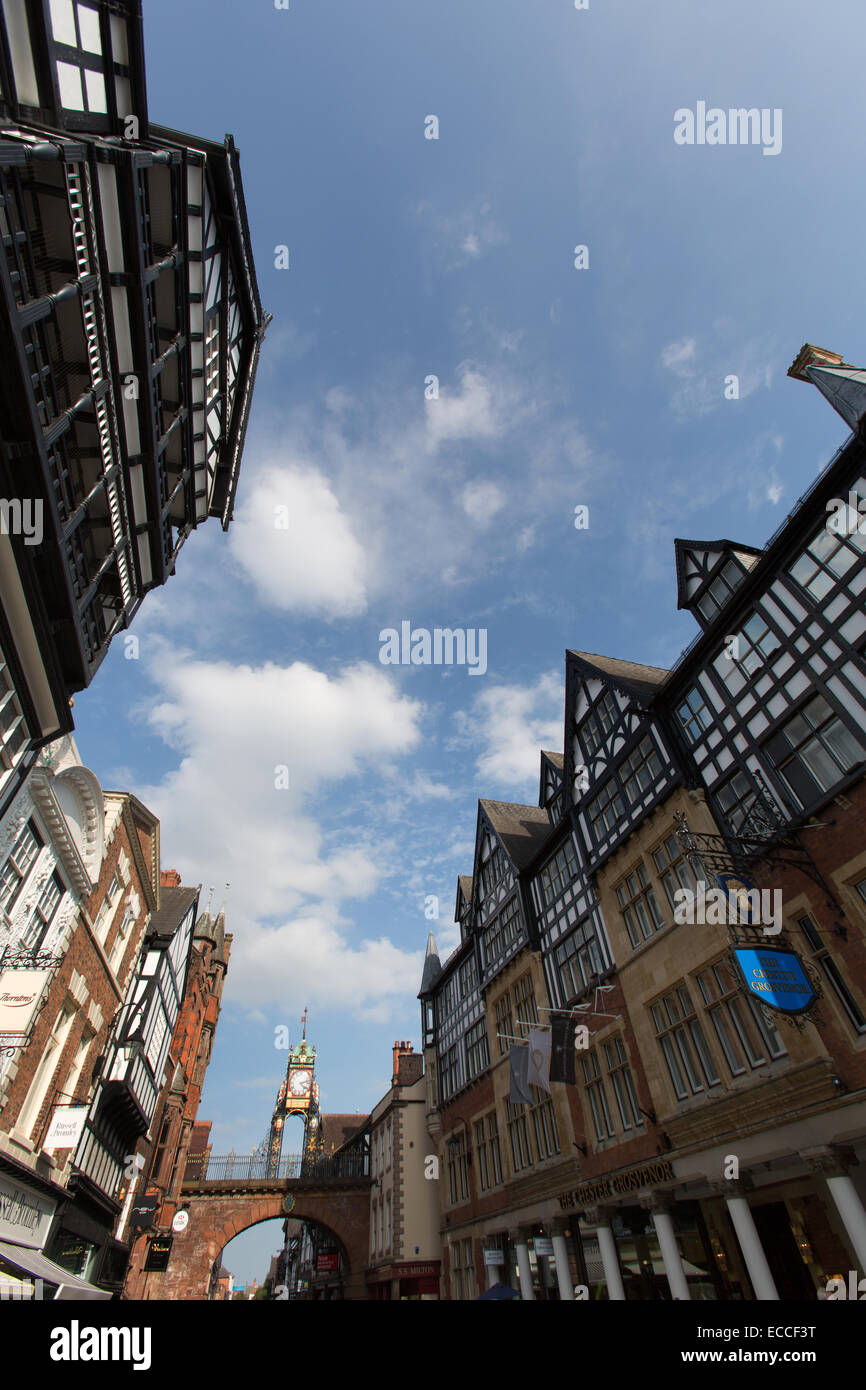 City of Chester, England. Picturesque angled view of shops on Eastgate ...