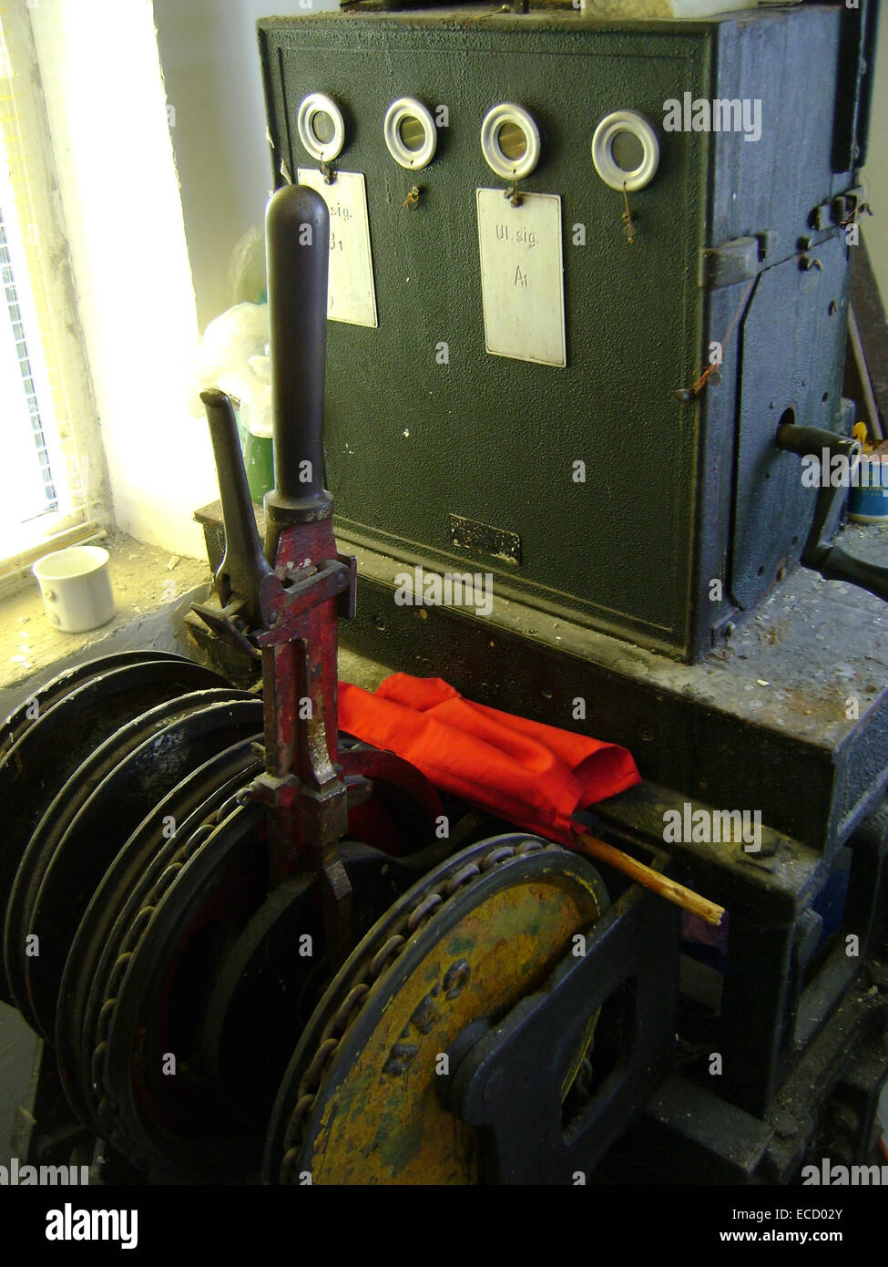 Train signal box with the block that is operated by the input signal ...