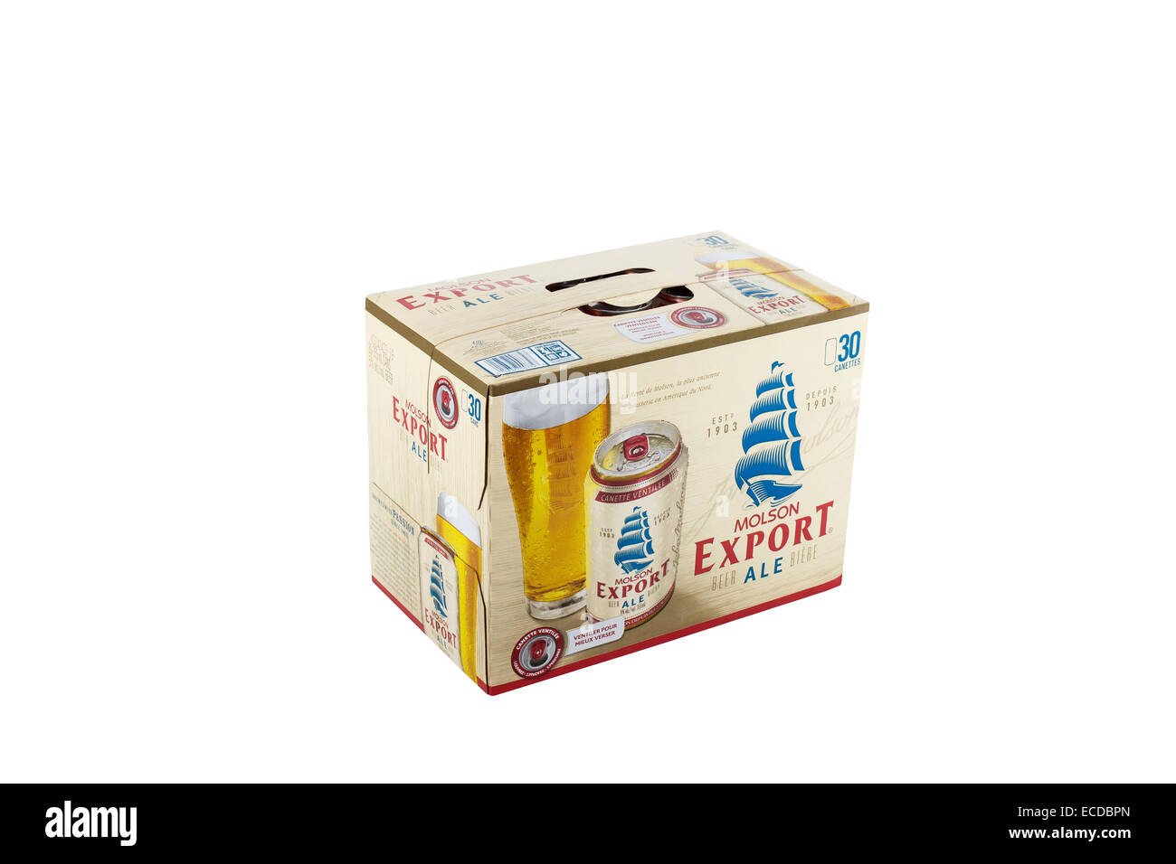 A pack of 30 355ml cans of Molson Export beer is pictured over a pure ...
