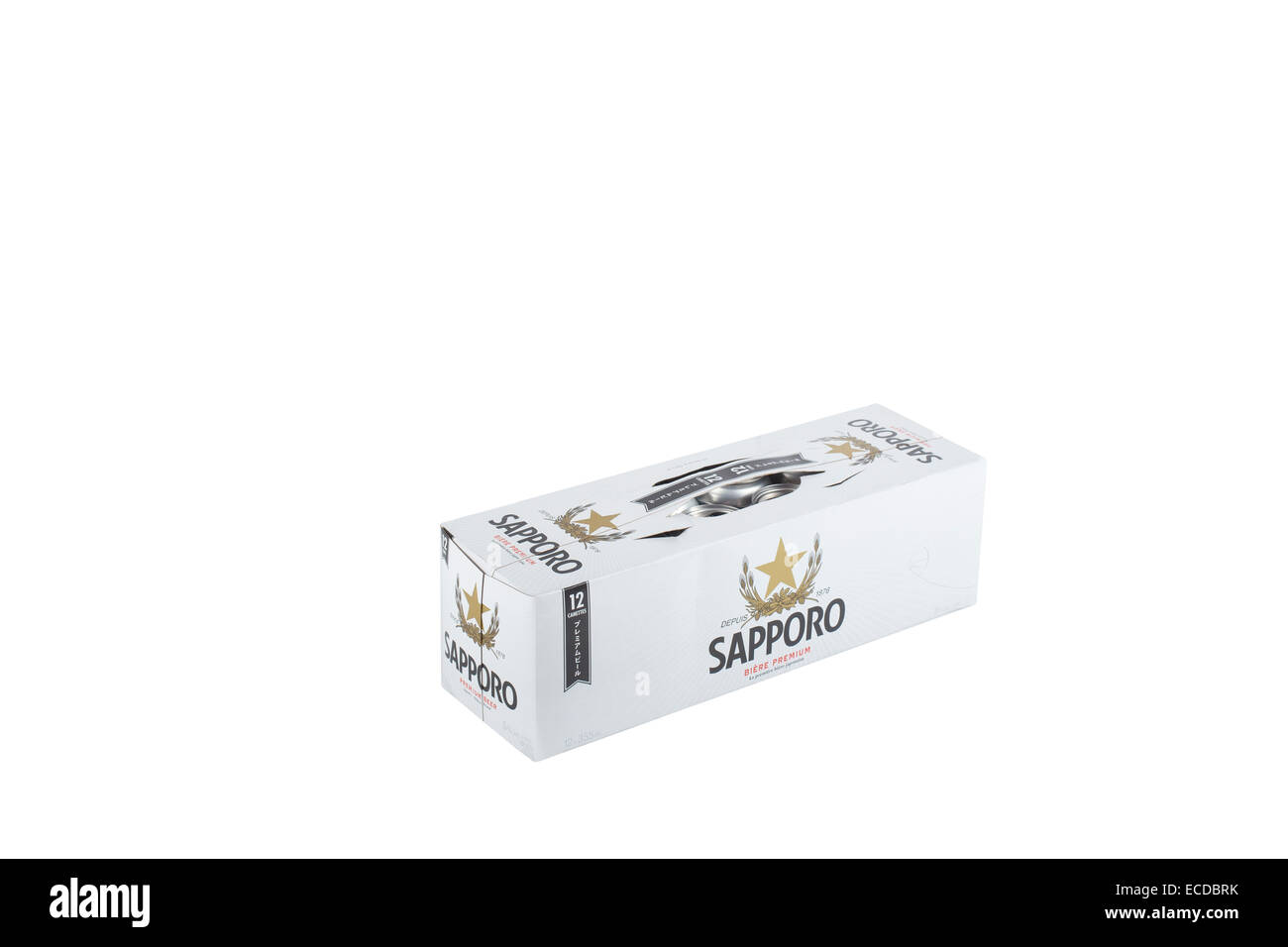 A pack of 12 355ml cans of Sapporo beer is pictured over a pure white ...