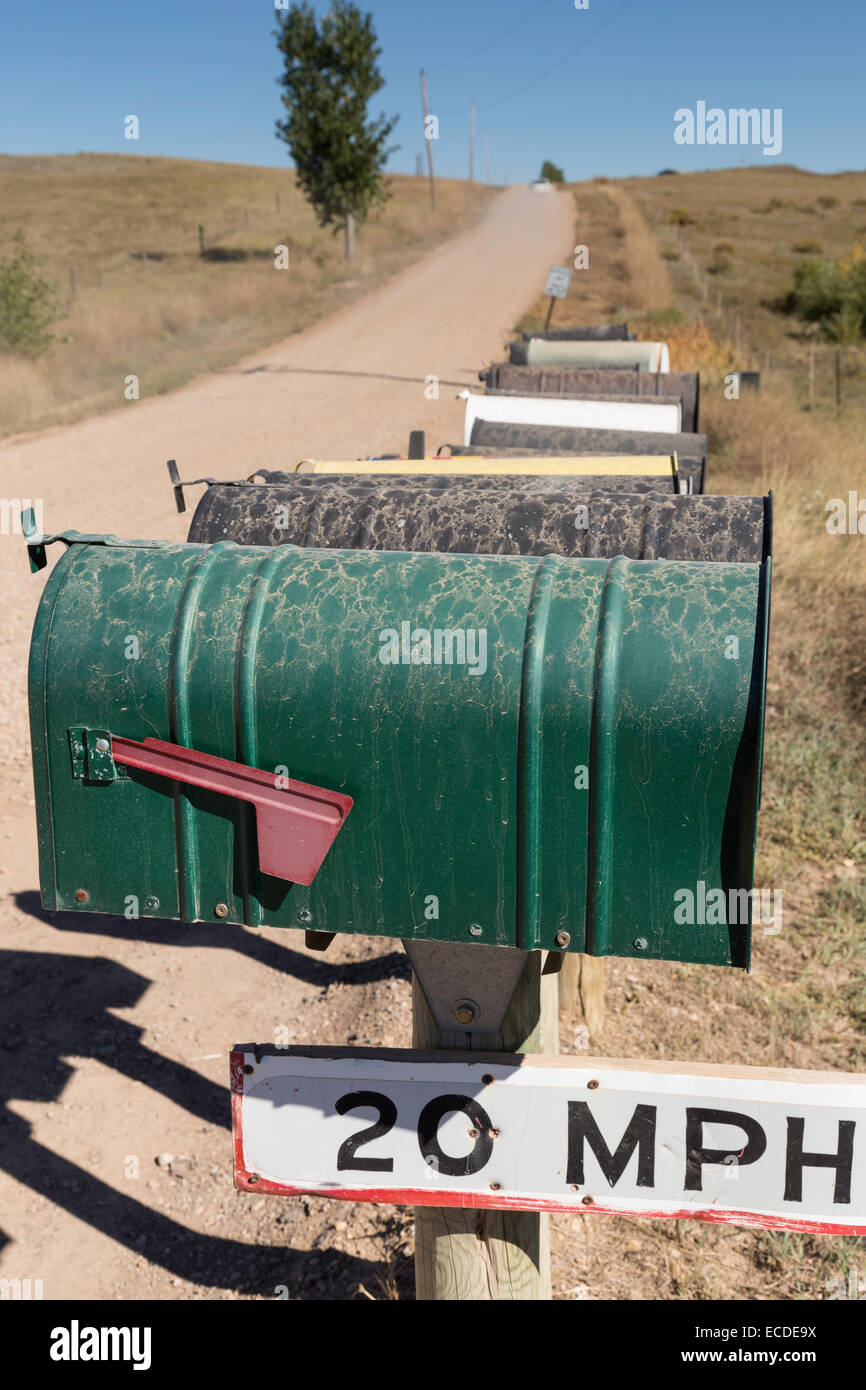 Line of Mailboxes (letterboxes) on Rural Dirt Road, South Dakota, USA ...