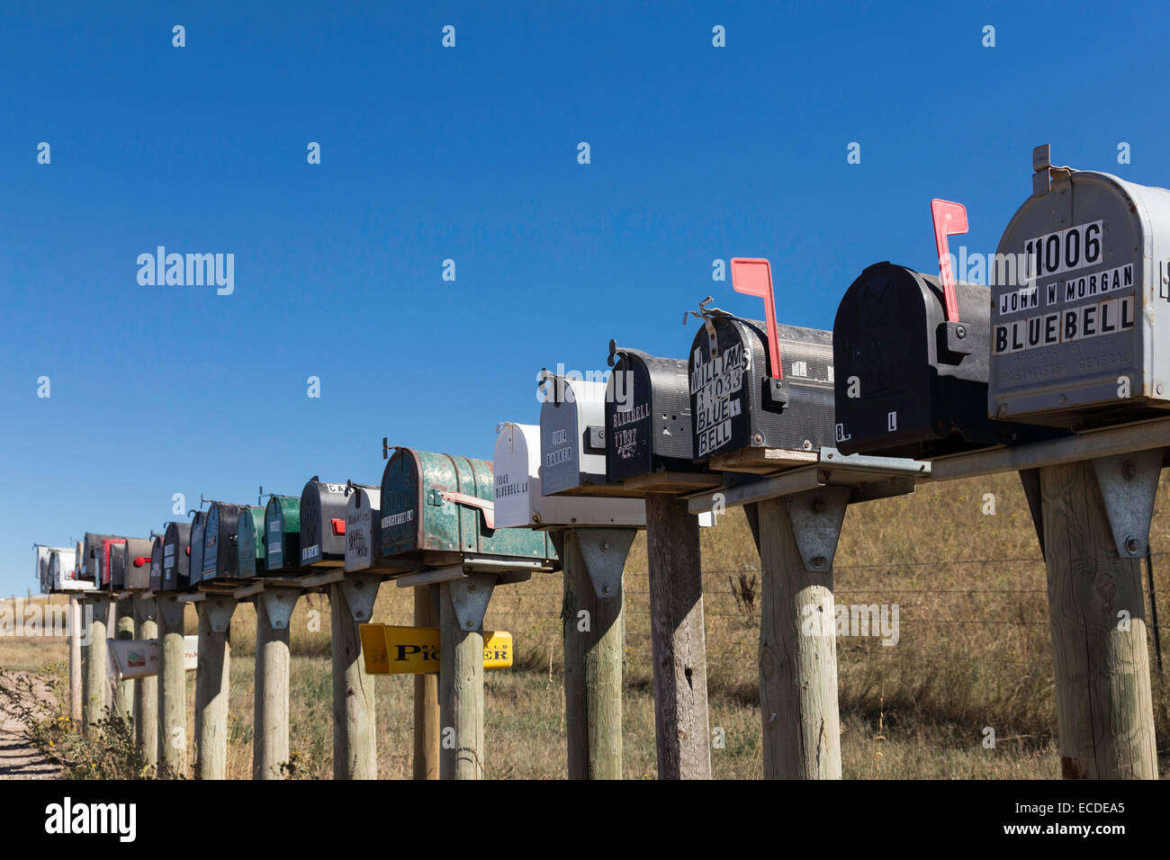 Line of Mailboxes (letterboxes) on Rural Dirt Road, South Dakota, USA ...