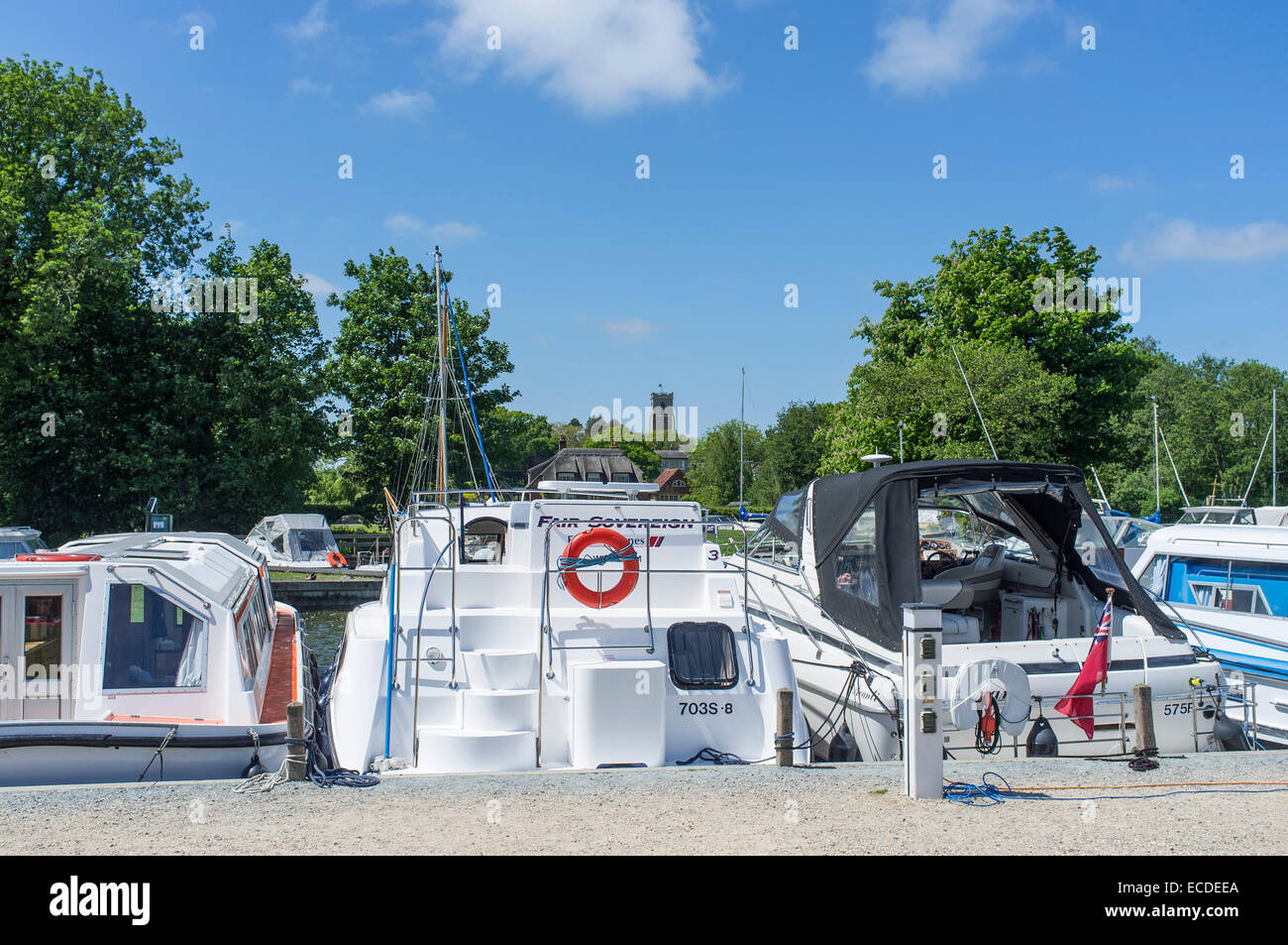 Broads Cruisers Moored at Ranworth Staithe Norfolk England Stock Photo ...