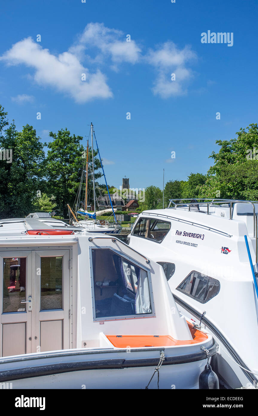 Broads Cruisers Moored at Ranworth Staithe Norfolk England Stock Photo ...