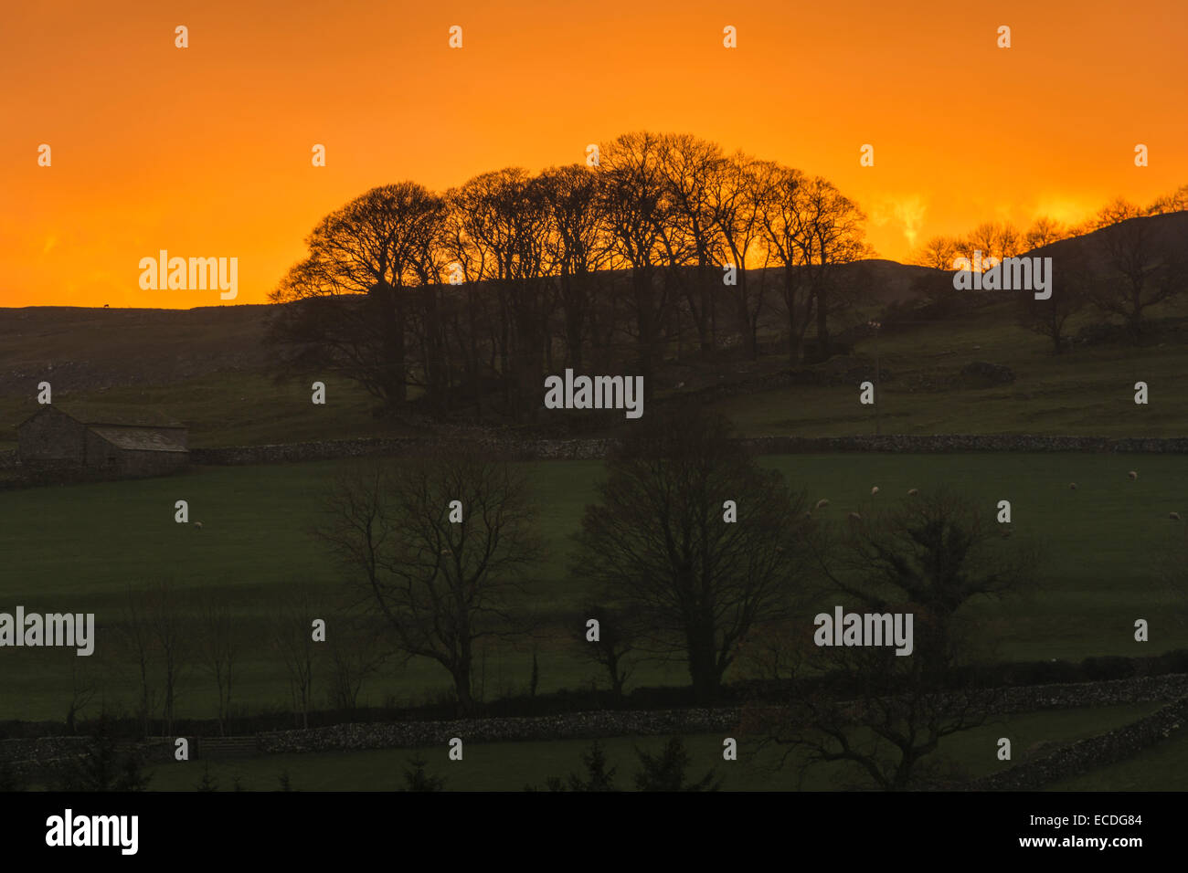 Orange sunset over Stainforth in the North Yorkshire National Park ...