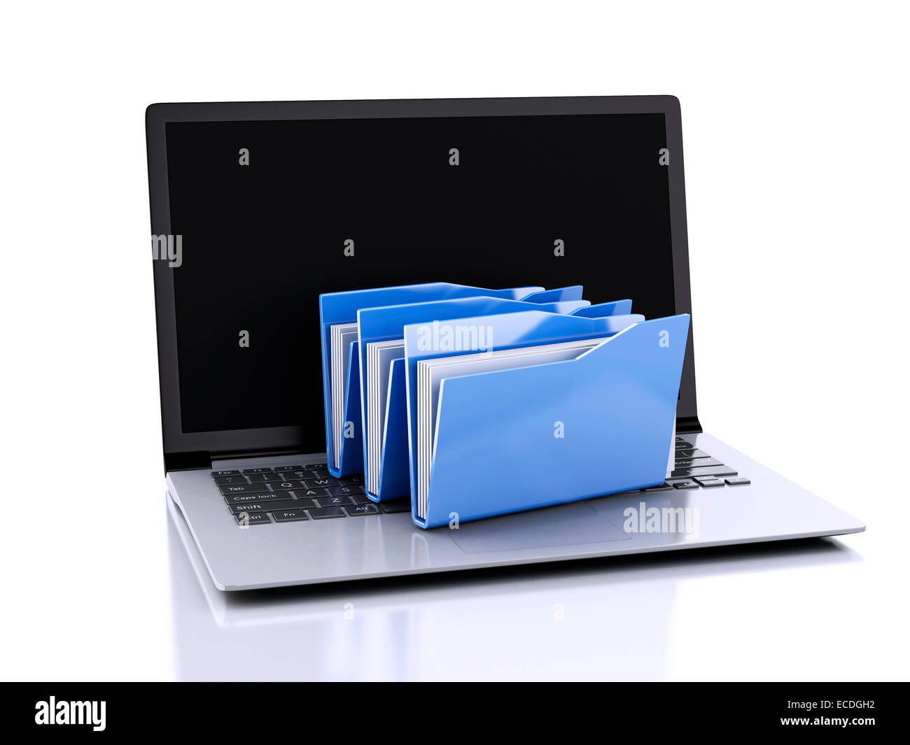 image of 3d illustration. laptop and computer files folders on white ...