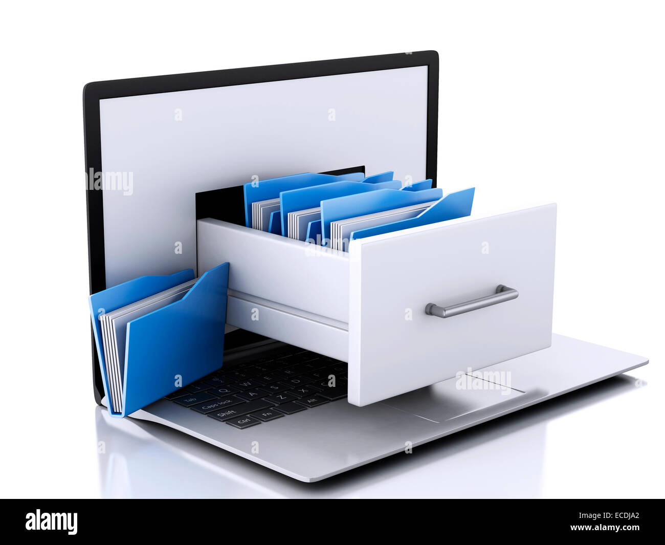 image of 3d renderer illustration. Laptop and files. Data storage Stock ...