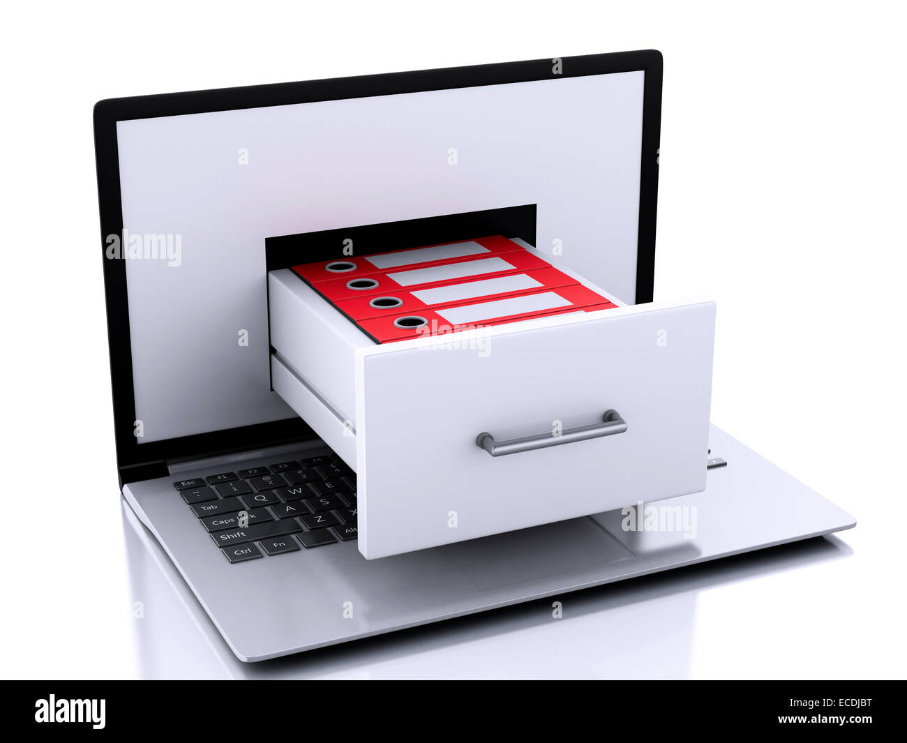 3d renderer illustration. Laptop pc with ring binders. Data storage ...
