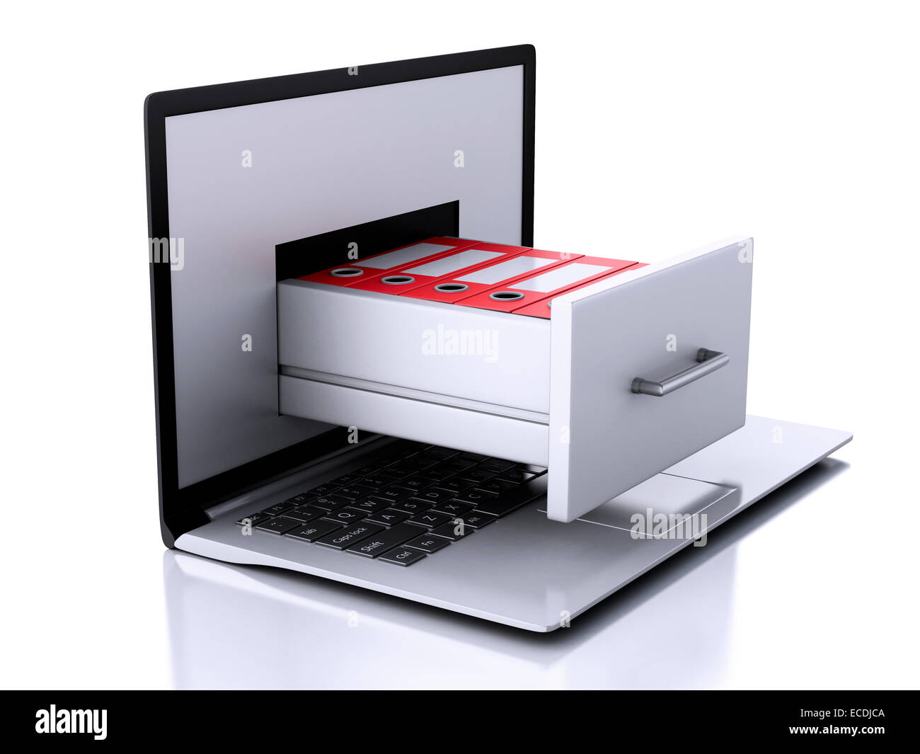 3d renderer illustration. Laptop pc with ring binders. Data storage ...