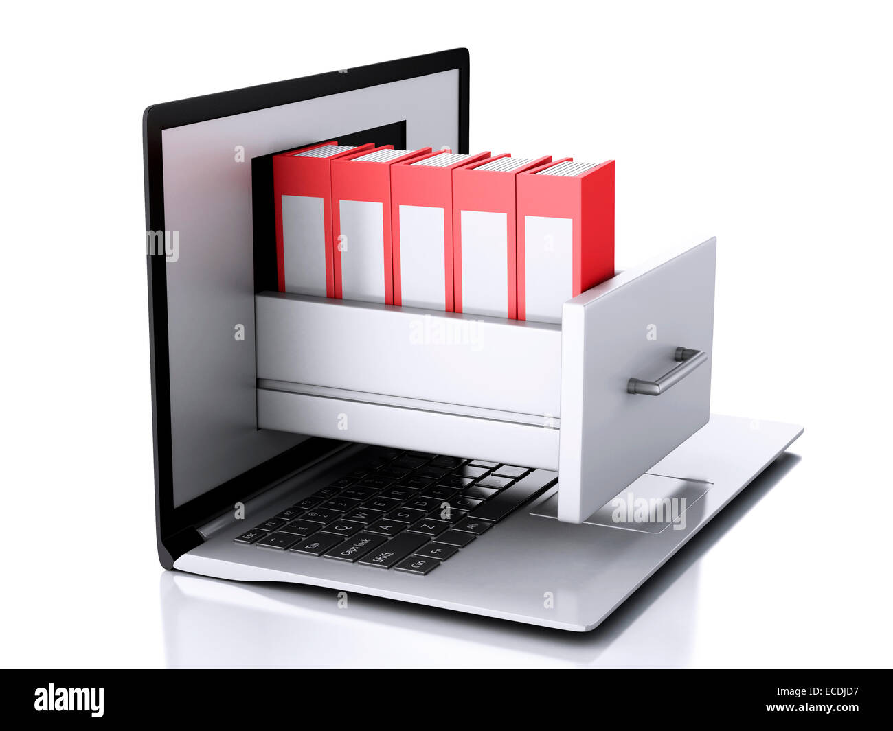 3d renderer illustration. Laptop pc with ring binders. Data storage ...