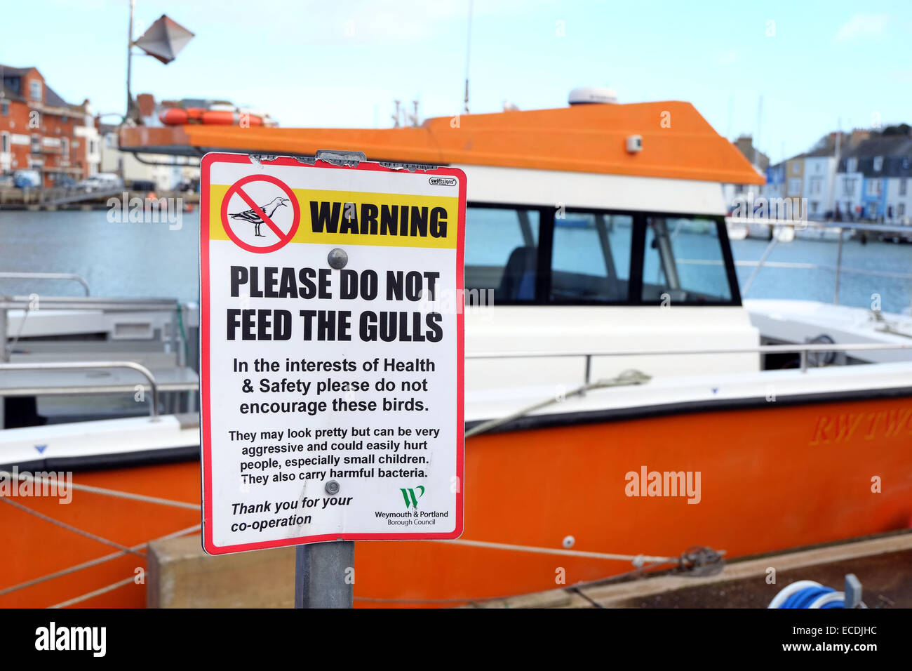 Please do not feed the gulls sign in Weymouth in the harbour side, with ...