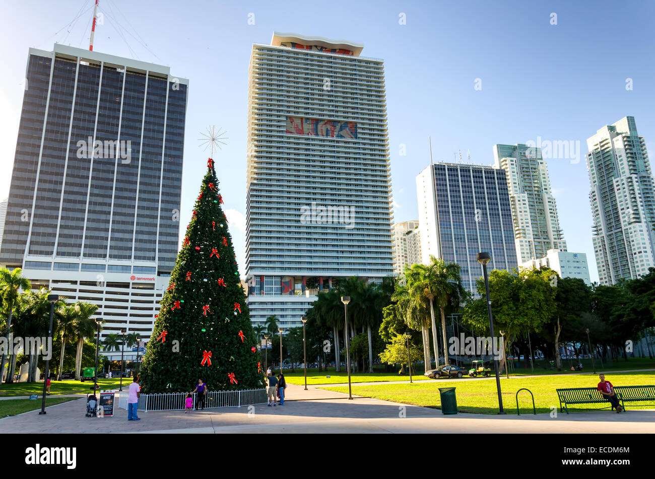 Miami, Florida. Christmas tree and skyscrapers at Bayfront park Stock ...
