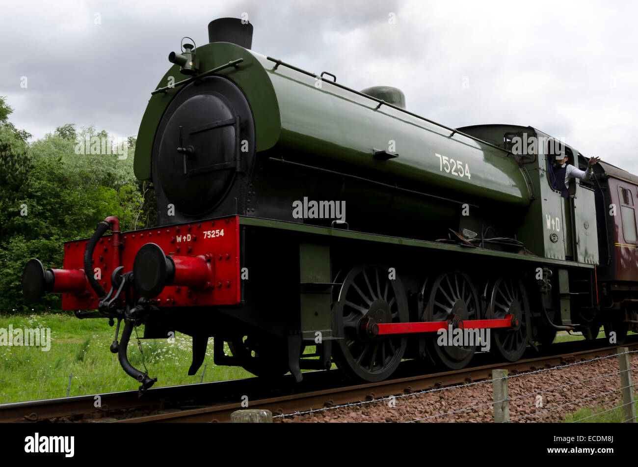 Steam train, with saddle-tank locomotive in wartime colours, on the Bo ...