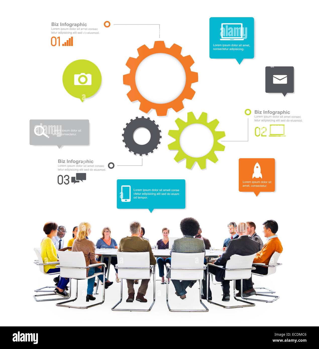 Multiethnic People in a Meeting with Infographic Symbols Stock Photo ...