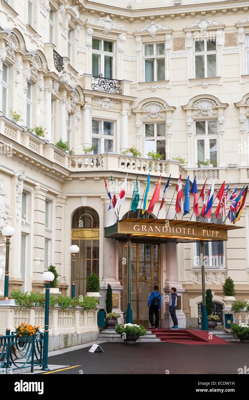 Exterior entrance of famous Grand Hotel Pupp, Karlovy Vary (Karlsbad ...