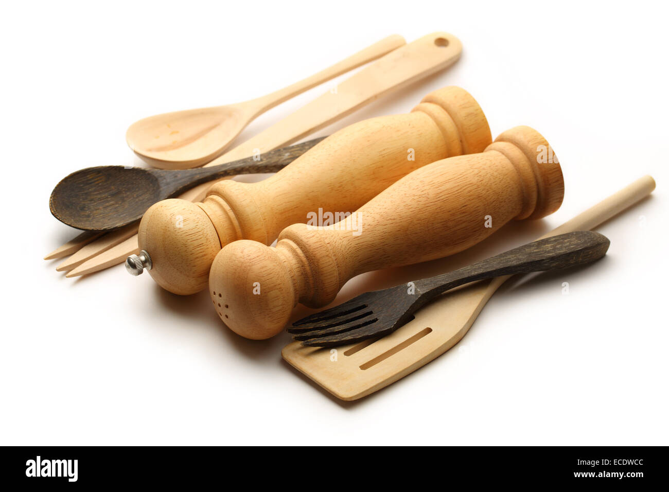 Wooden salt and pepper set with kitchen utensils Stock Photo - Alamy