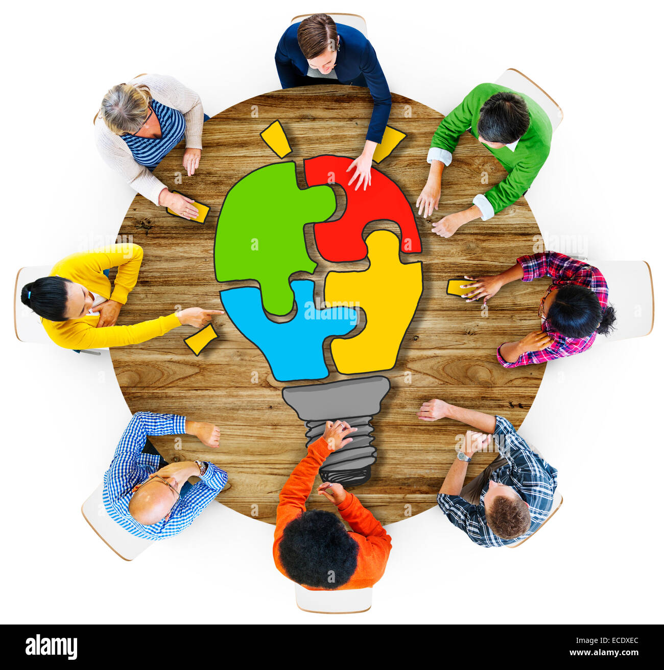 People with Jigsaw Puzzle Forming Light Bulb in Photo and Illustration ...