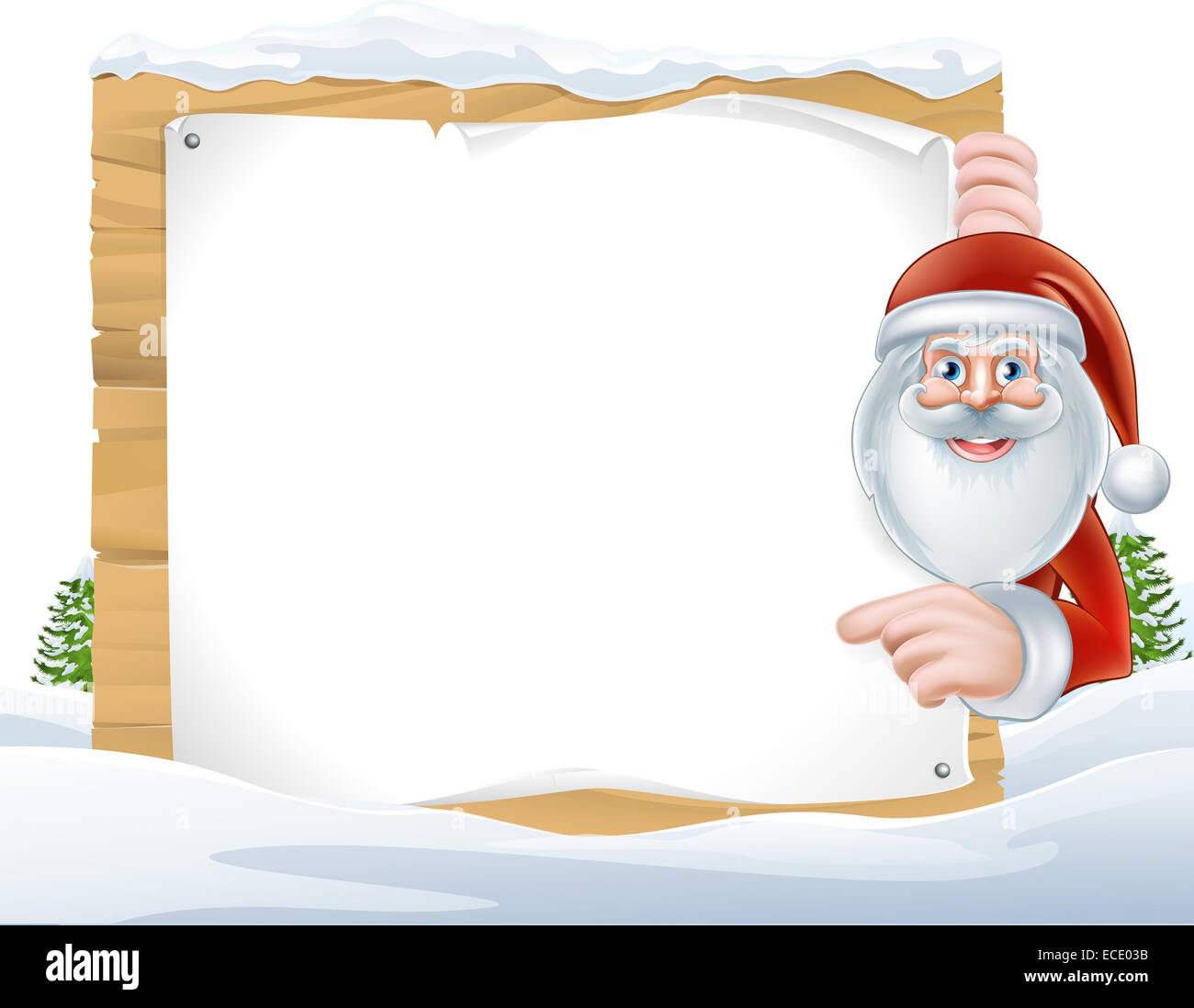 Cartoon of Santa Claus pointing at a snow covered sign Stock Photo - Alamy