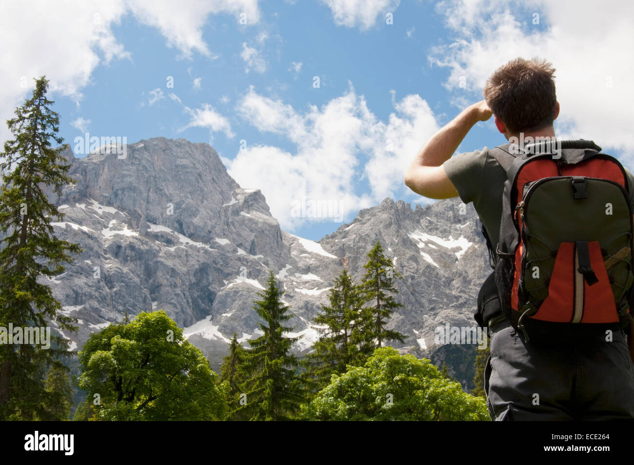 Mountain scenery, Man hiking with backpack, rear view, Karwendel ...