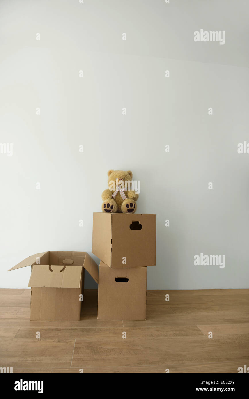 New home room packing case teddy empty Stock Photo - Alamy
