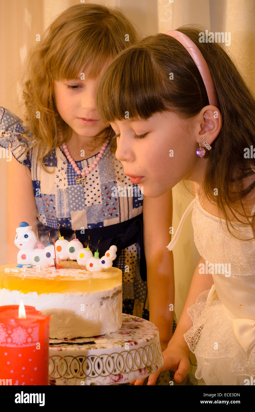 The girl blows out the candles on a birthday cake Stock Photo - Alamy