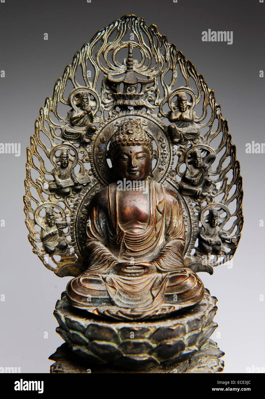 Old Buddha sculpture, bronze, Buddha sitting on a throne, from Japan ...