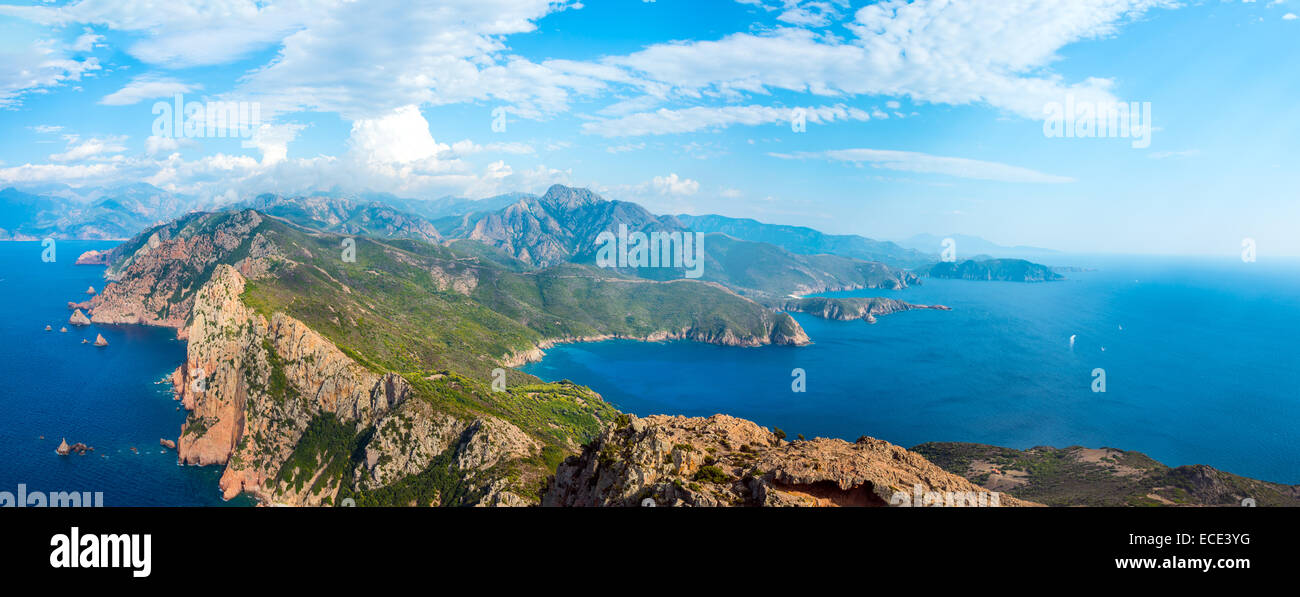 Panoramic view, coastal and mountain scenery, Gulf of Porto, Corsica ...