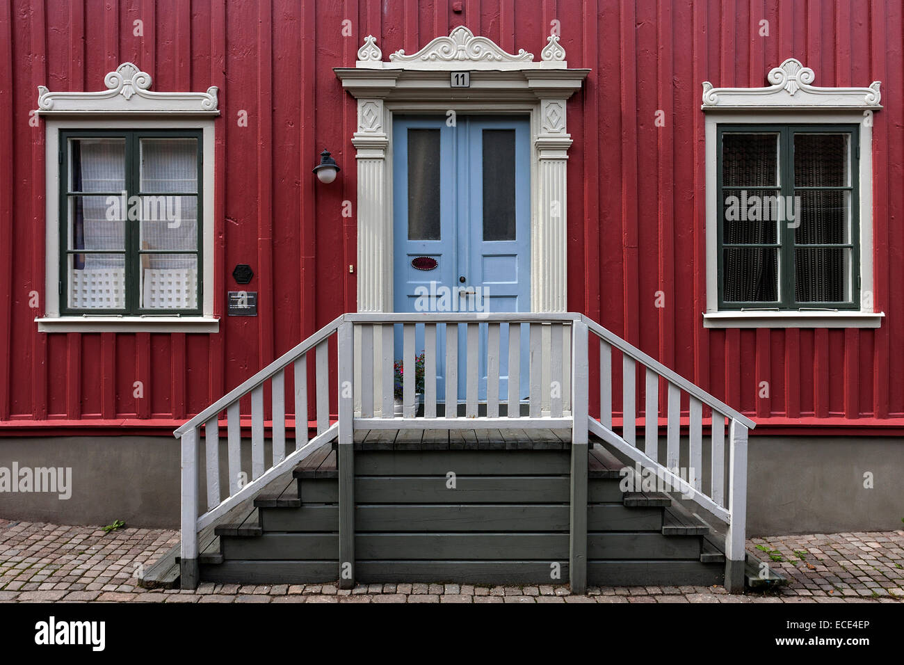 Front door, windows, typical wooden house, Eskjö, Smaland, Sweden Stock ...