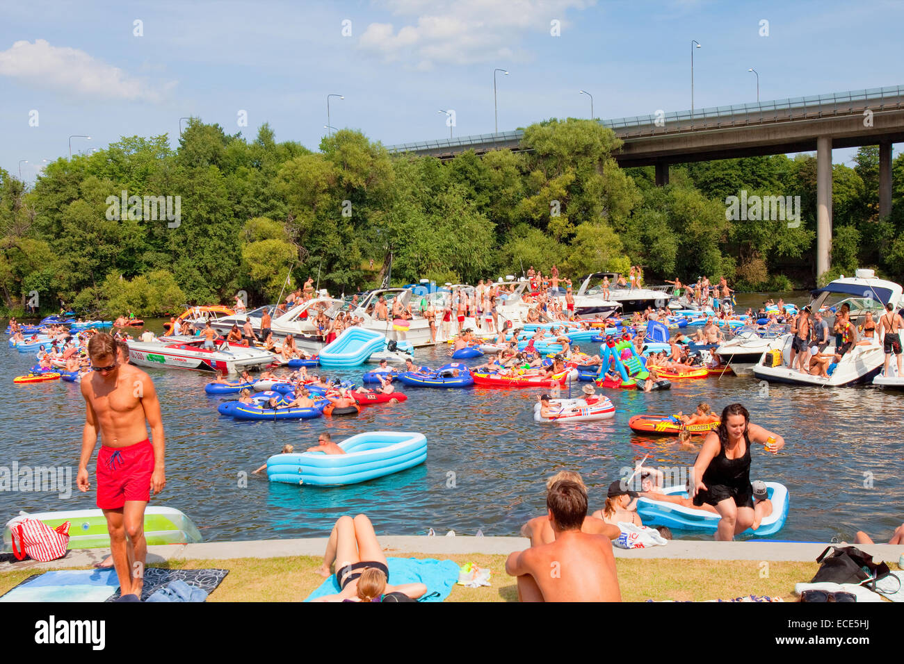 Sweden, Stockholm - Boat Party at Hornsbergs Strandpark in Summer Stock ...