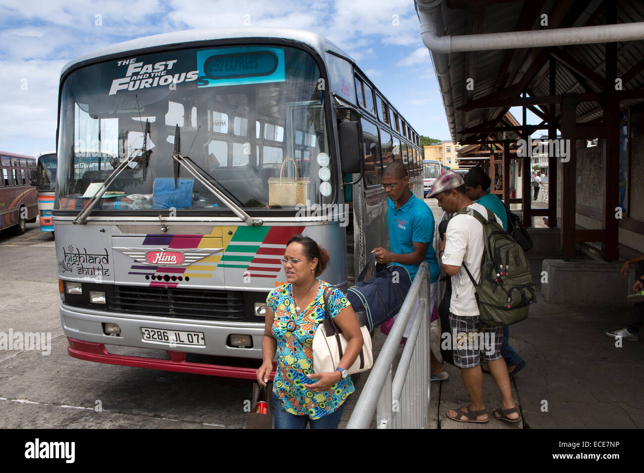 Mauritius, Mahebourg, Bus Station, passengers at Highland Shuttle 252 ...