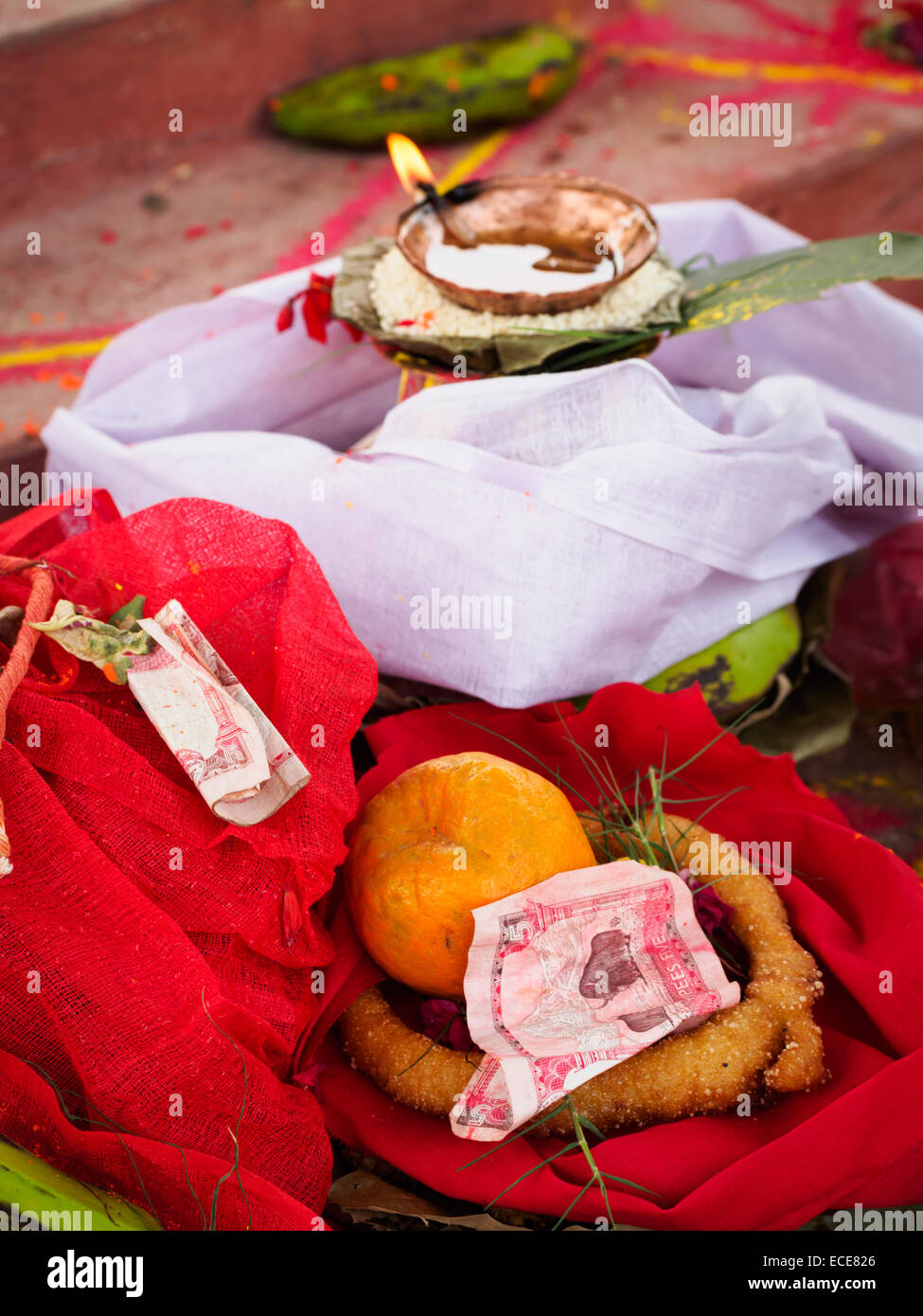 Offerings on the central altar at a Hindu wedding in Nepal Stock Photo ...