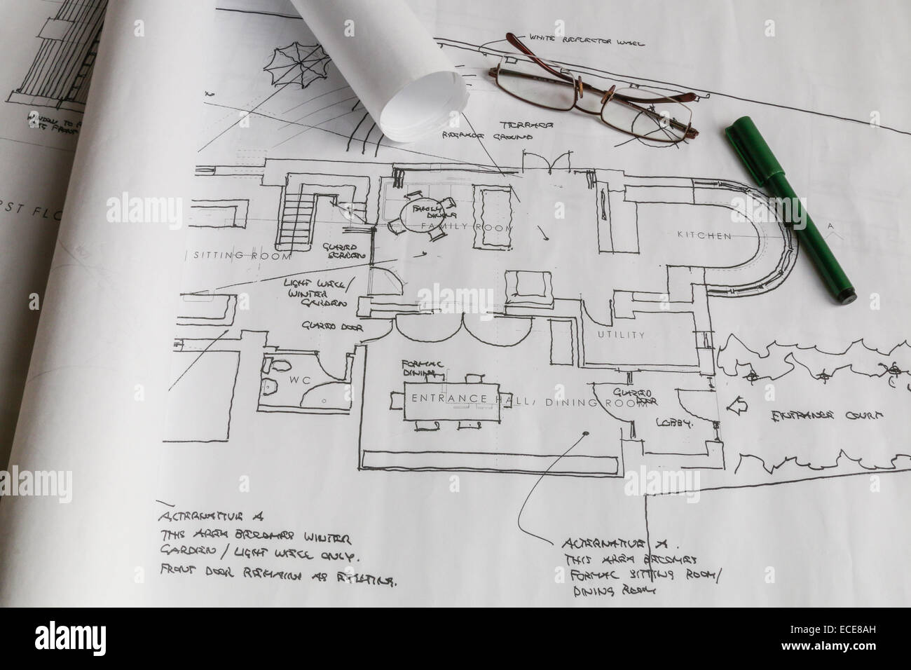 Hand drawn architects house or real estate plans - includes rolled ...
