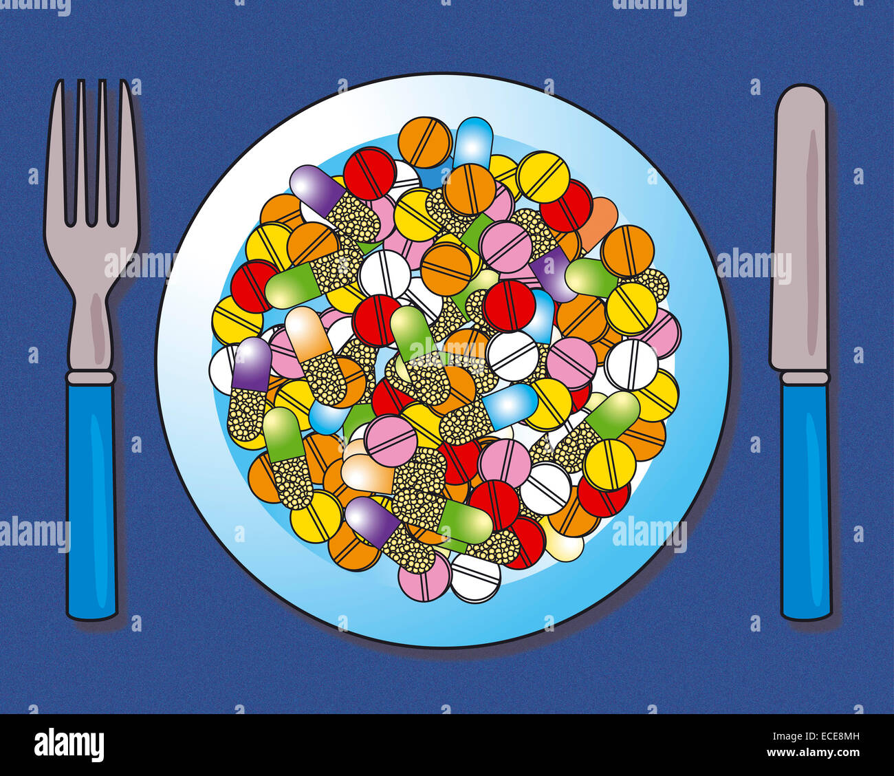 Illustration of Pills as Food on a Plate – Pharmaceutical Diet ...
