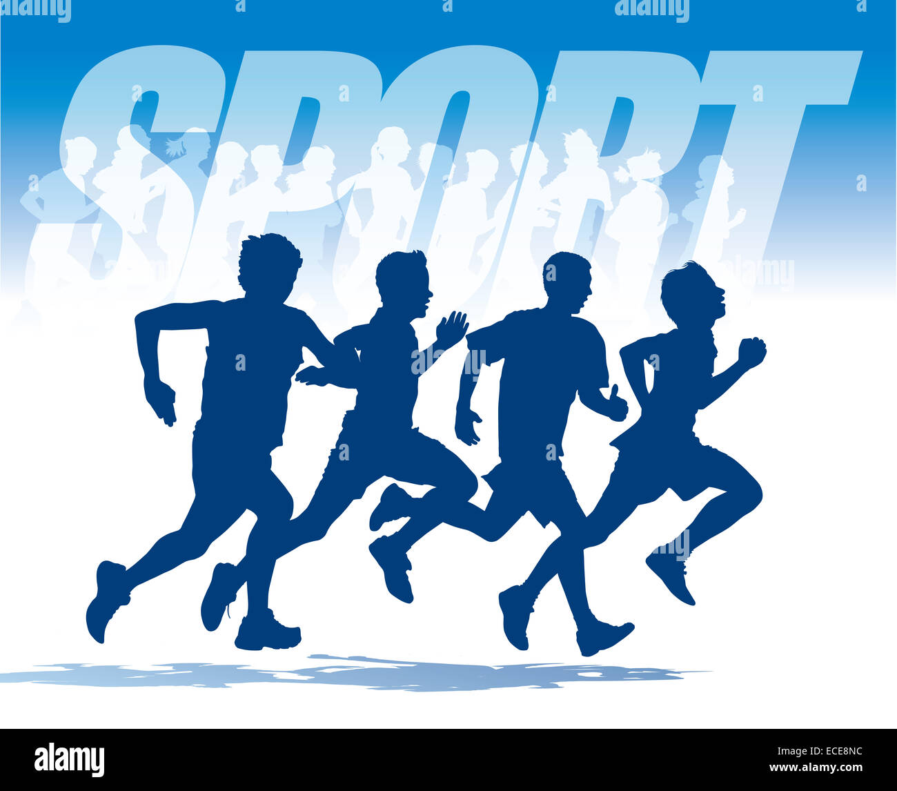 Group of four young people running in the race Stock Photo - Alamy