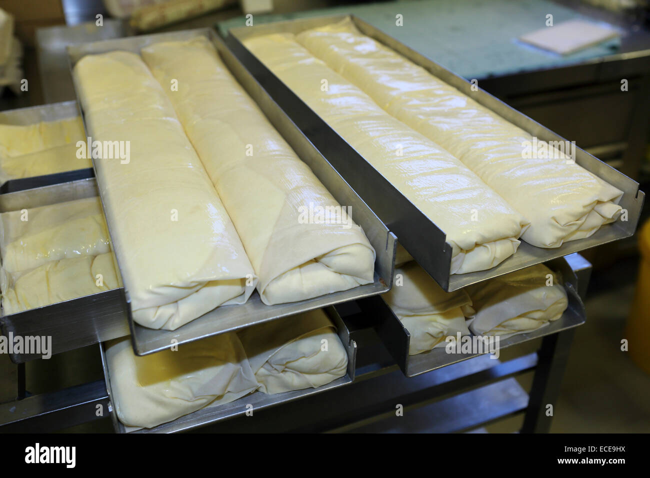 Freshly rolled strudel at the Backstube Lech bakery, Lech, Austria ...