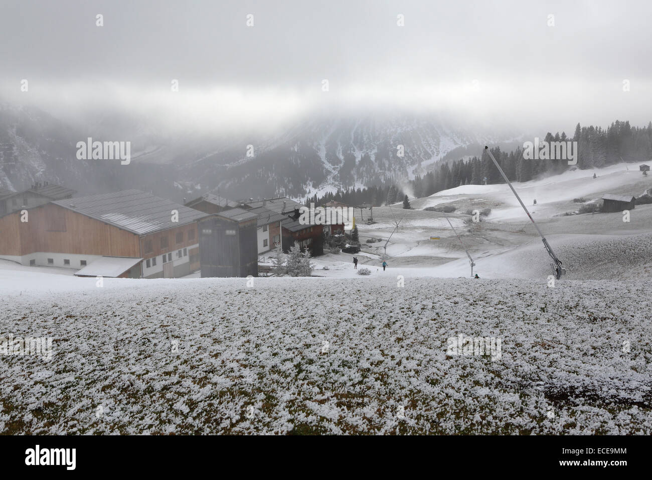 Snow cannons at work producing artificial snow in Lech, Austria Stock ...