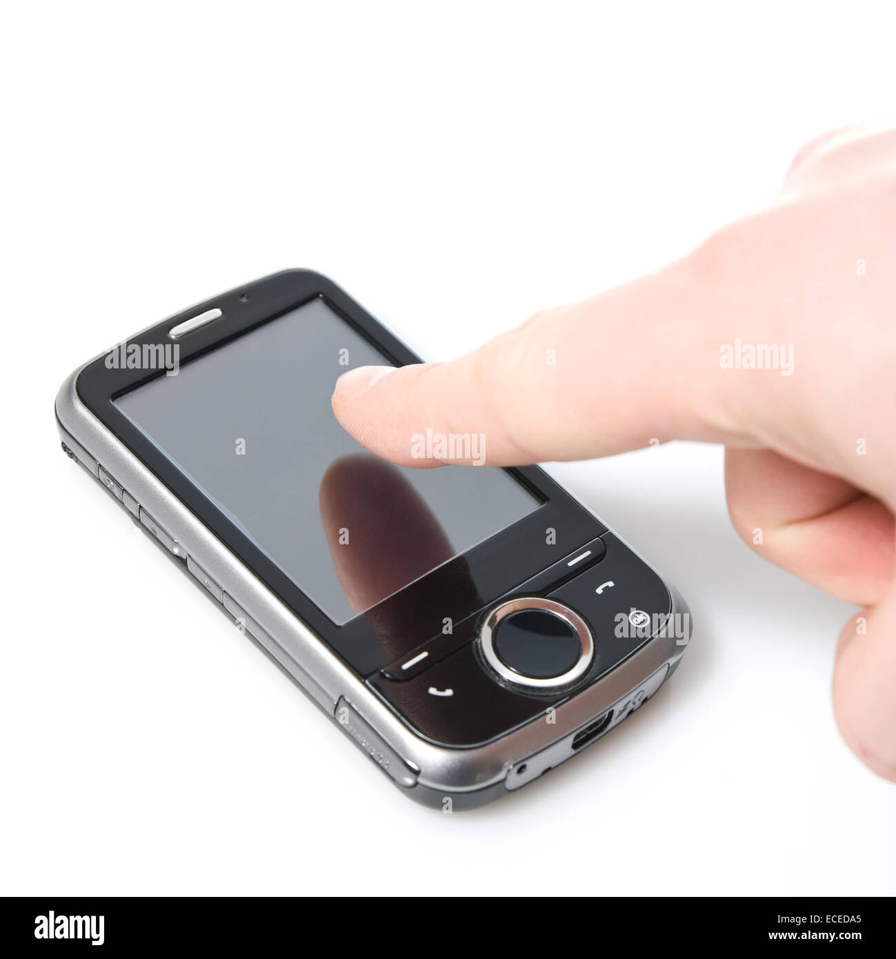 finger and pda with touch screen isolated on white Stock Photo - Alamy