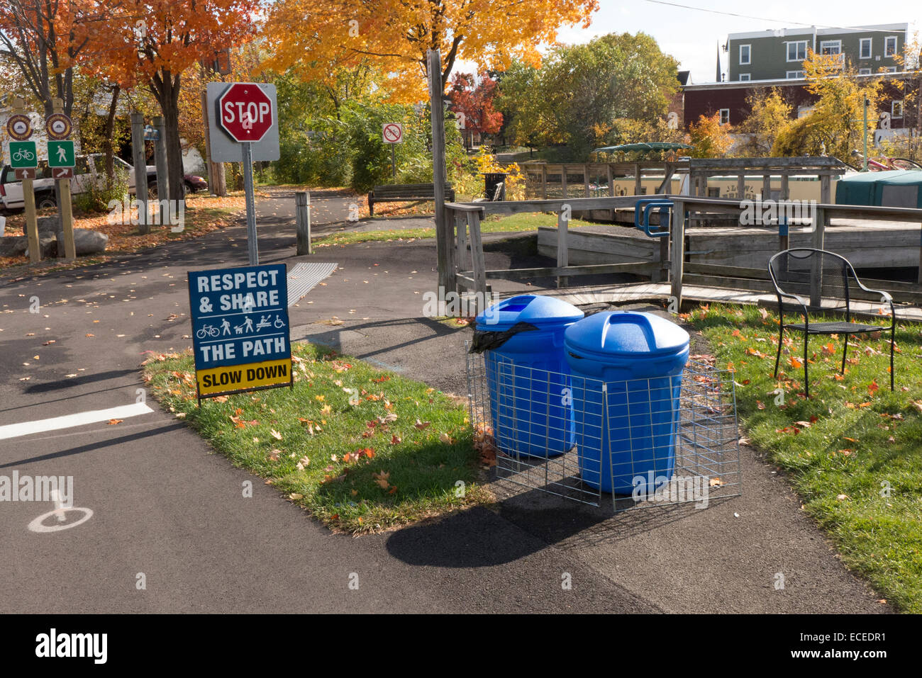 Trash cans on bike path by Erie Canal Stock Photo - Alamy