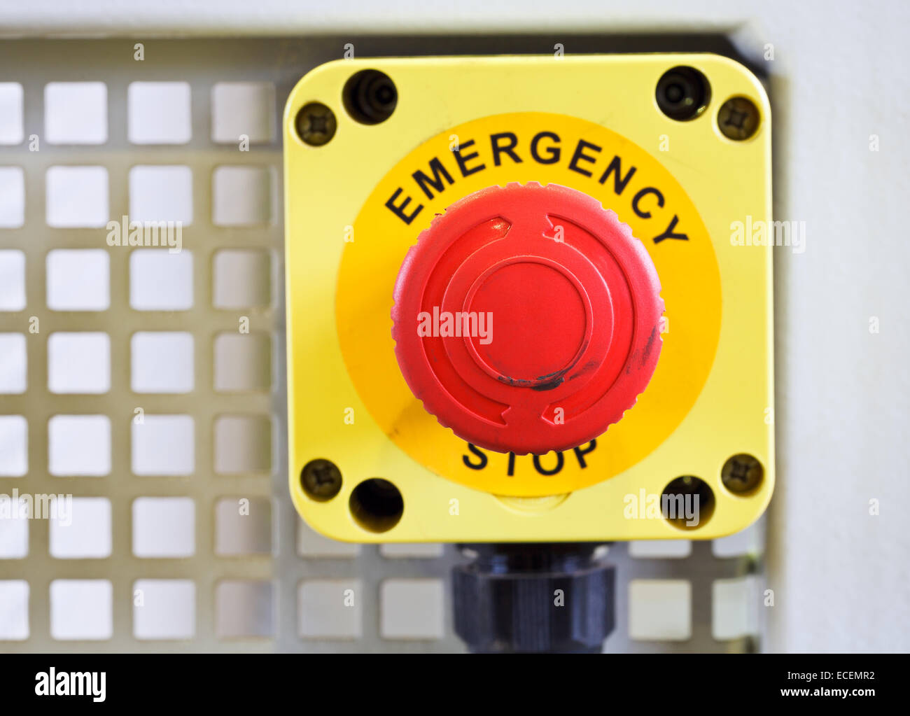 red emergency stop push button close up Stock Photo - Alamy