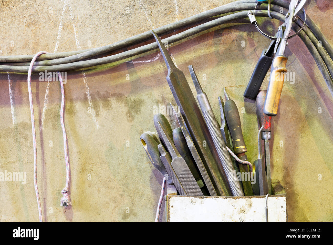 old rasp files in box on locksmith table Stock Photo - Alamy