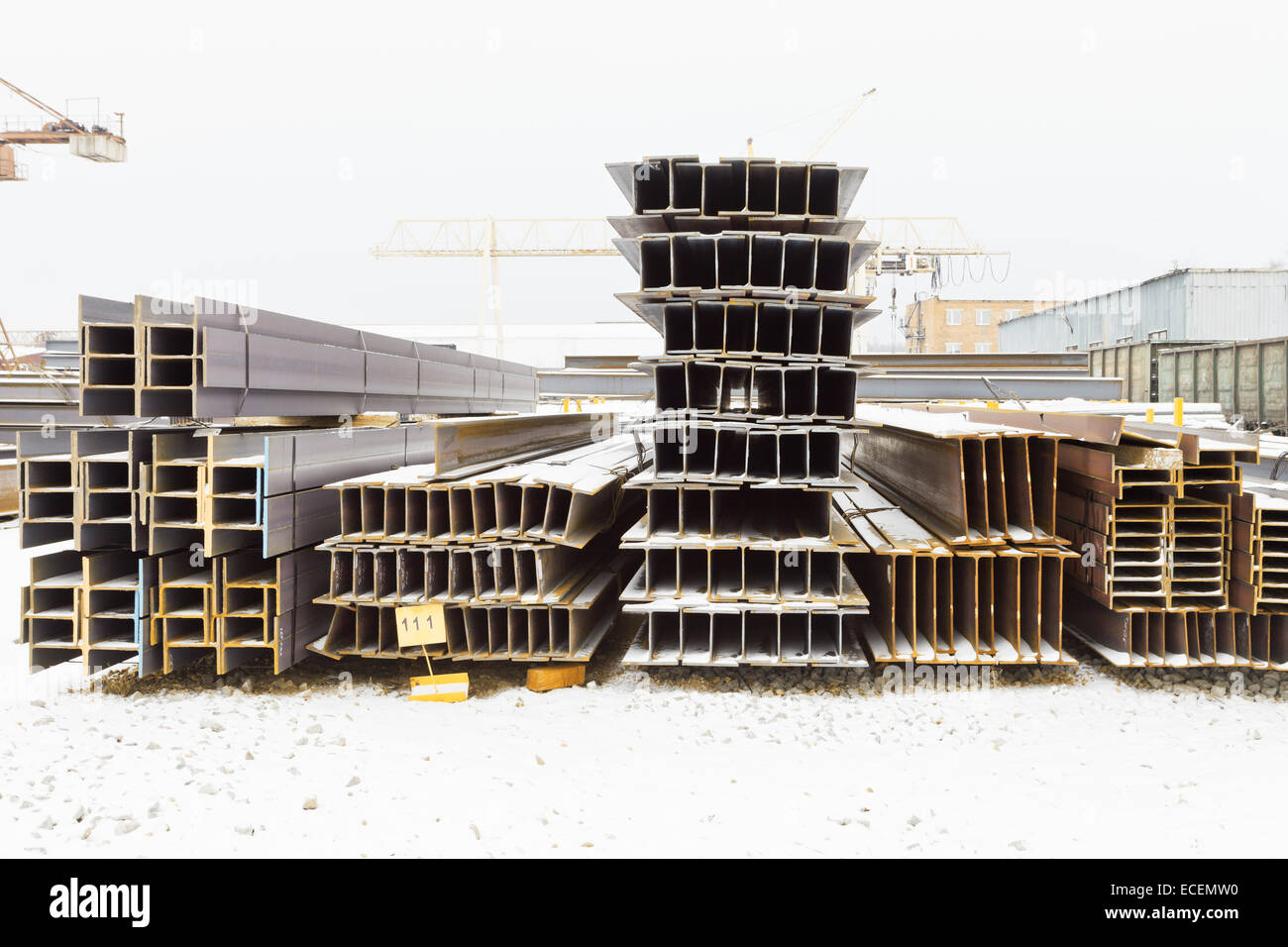 construction steel beams in outdoor warehouse in winter Stock Photo - Alamy