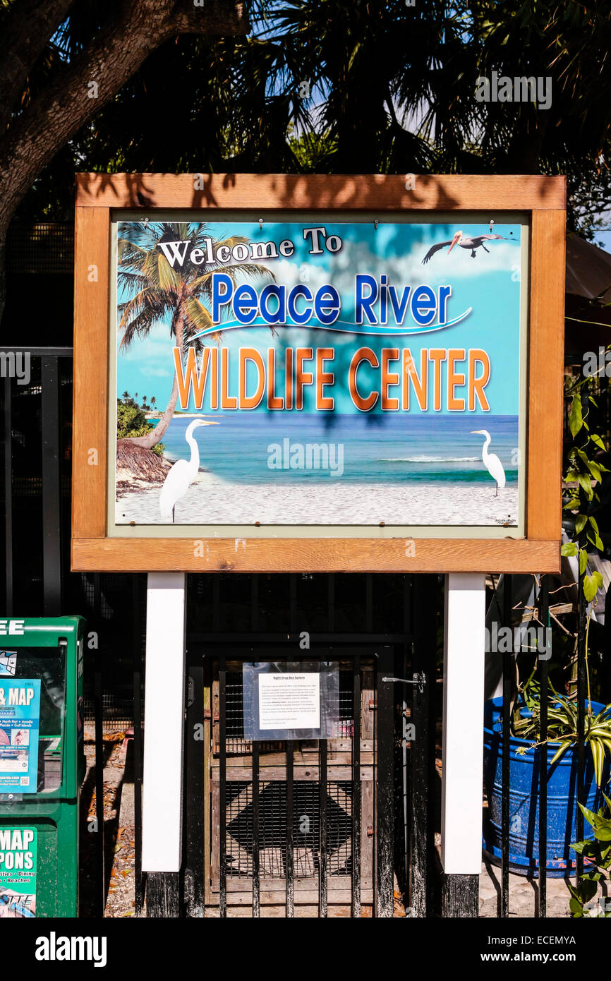 A sign welcoming you to the Peace River Wildlife Center in Punta Gorda ...