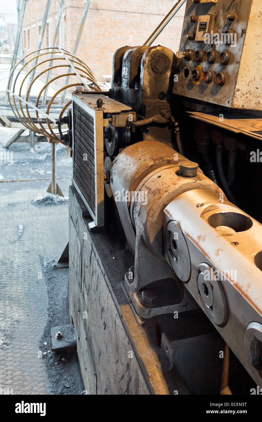 reinforcing steel cutting and bender machine close up in outdoor ...