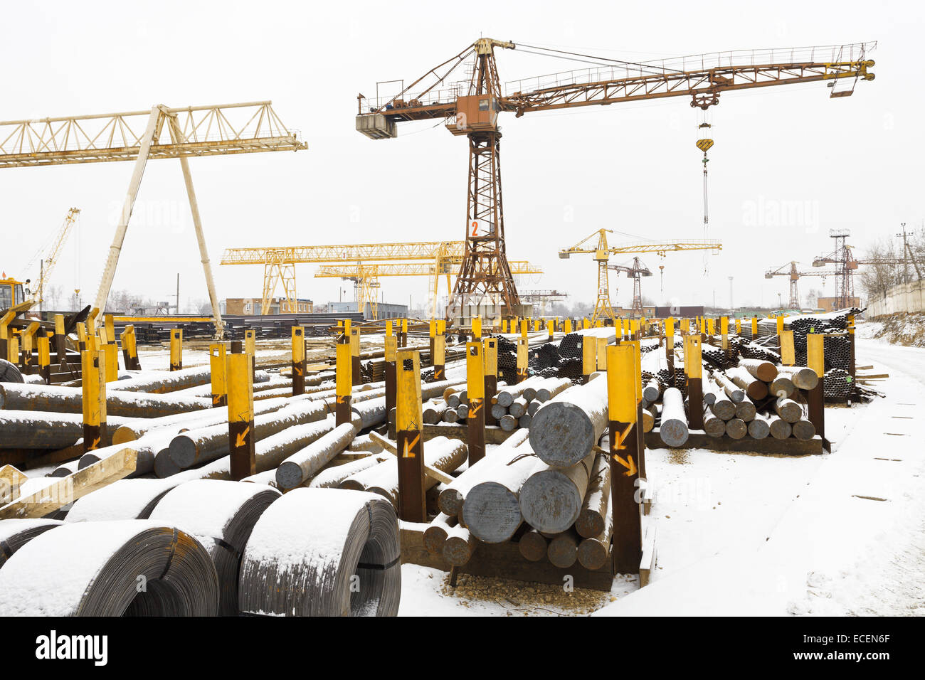storage of reinforcing steel rolls and metal bars on open yard Stock ...