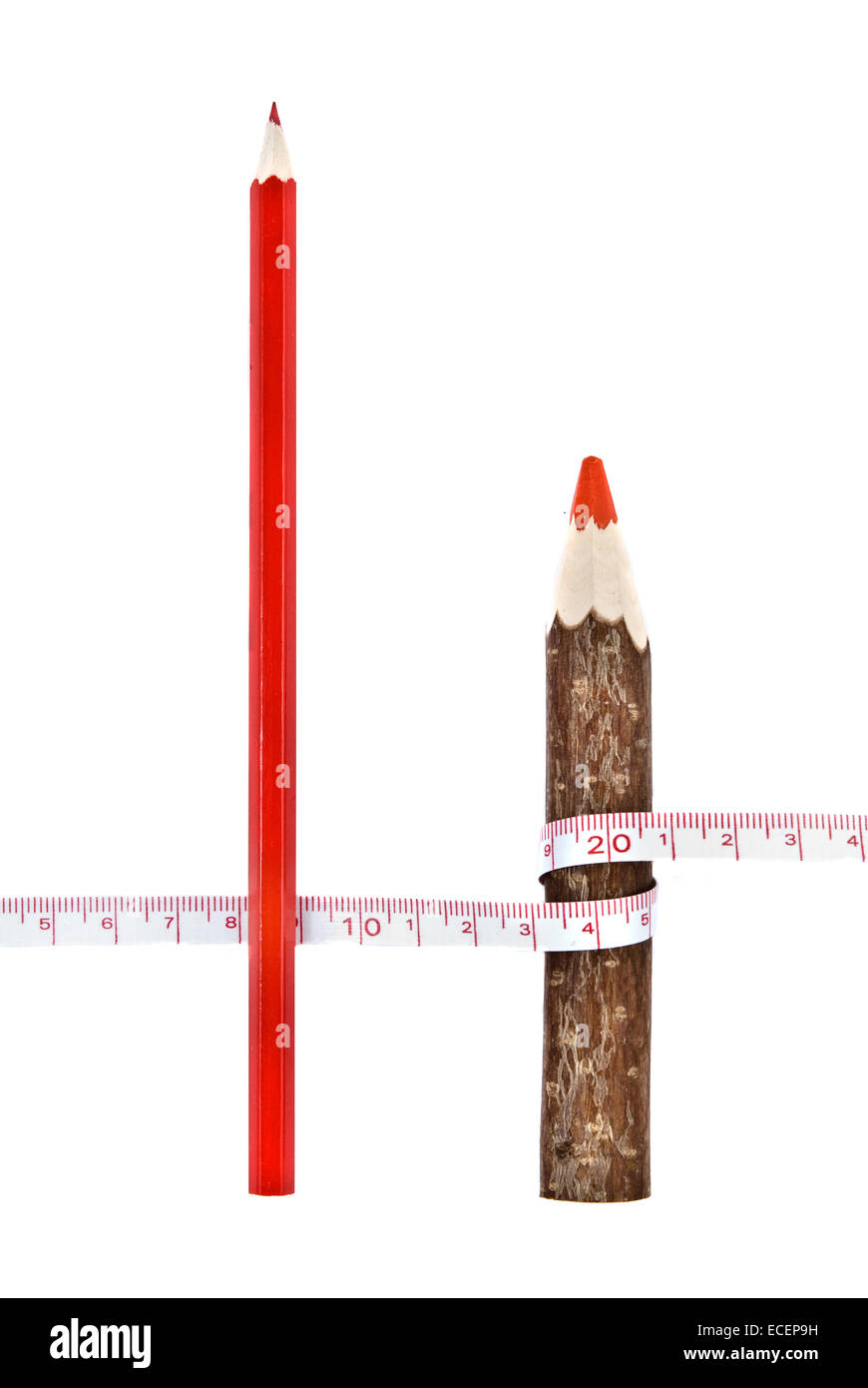 Red thick and thin pencils with ruler isloated on white Stock Photo - Alamy
