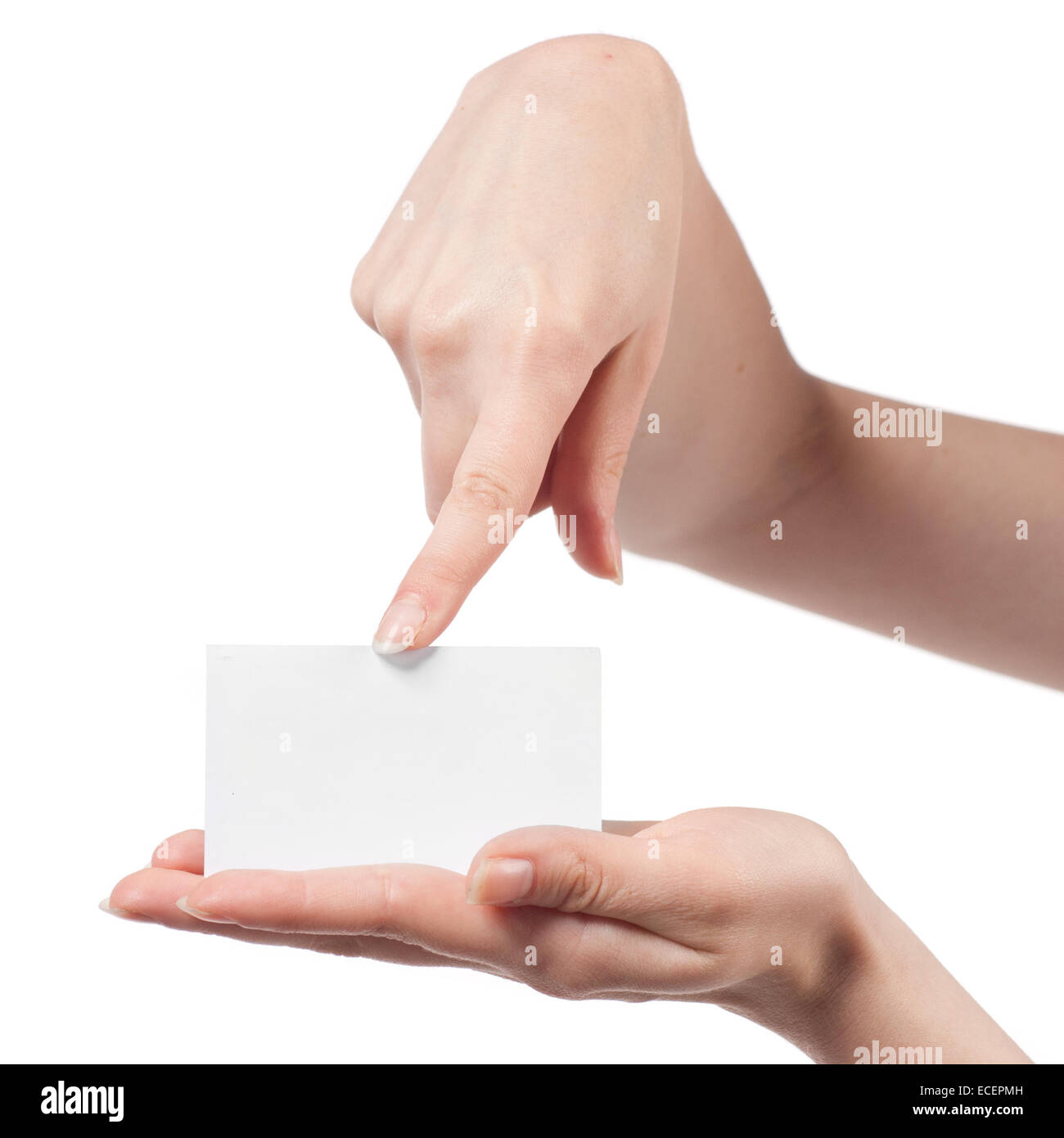 Woman hand holding empty visiting card and pointing on it isolated on ...