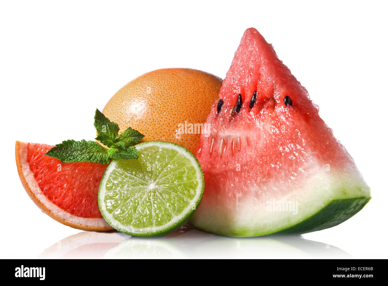 Watermelon, grapefruit and lime with mint isolated on white Stock Photo ...