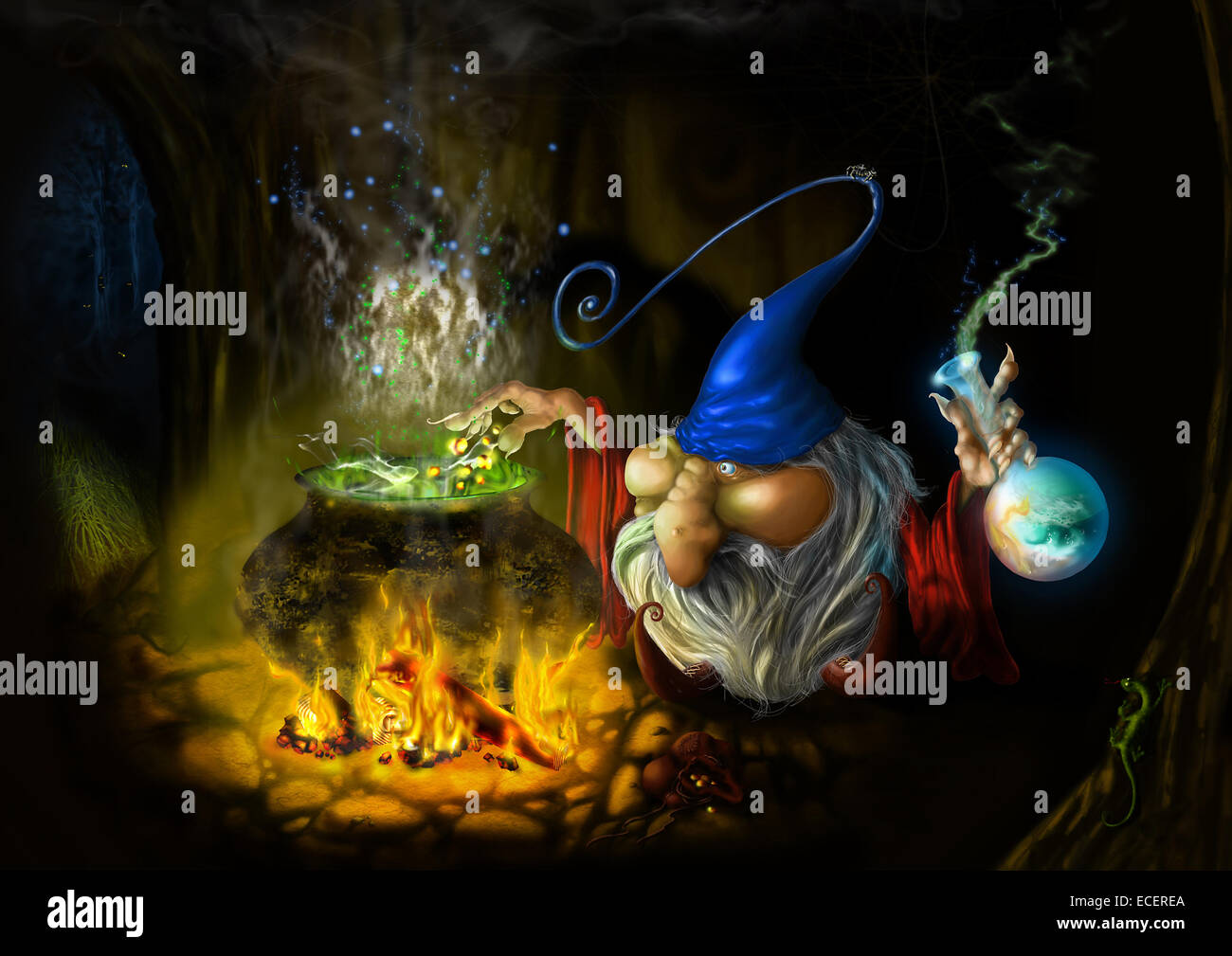 drawing fairy sly wizard in cave Stock Photo - Alamy