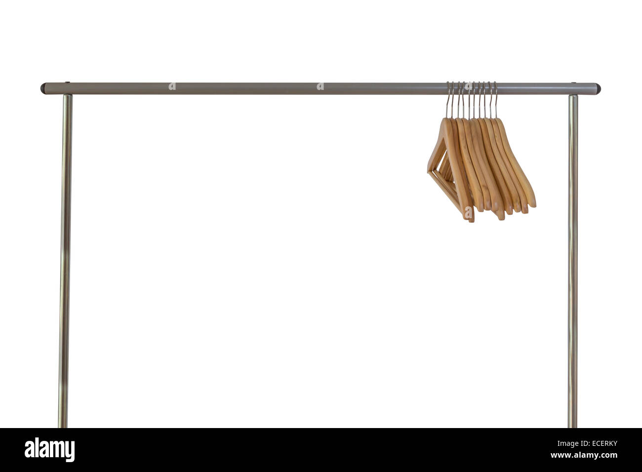 Set of empty wooden hangers on a rack, isolated on white background ...