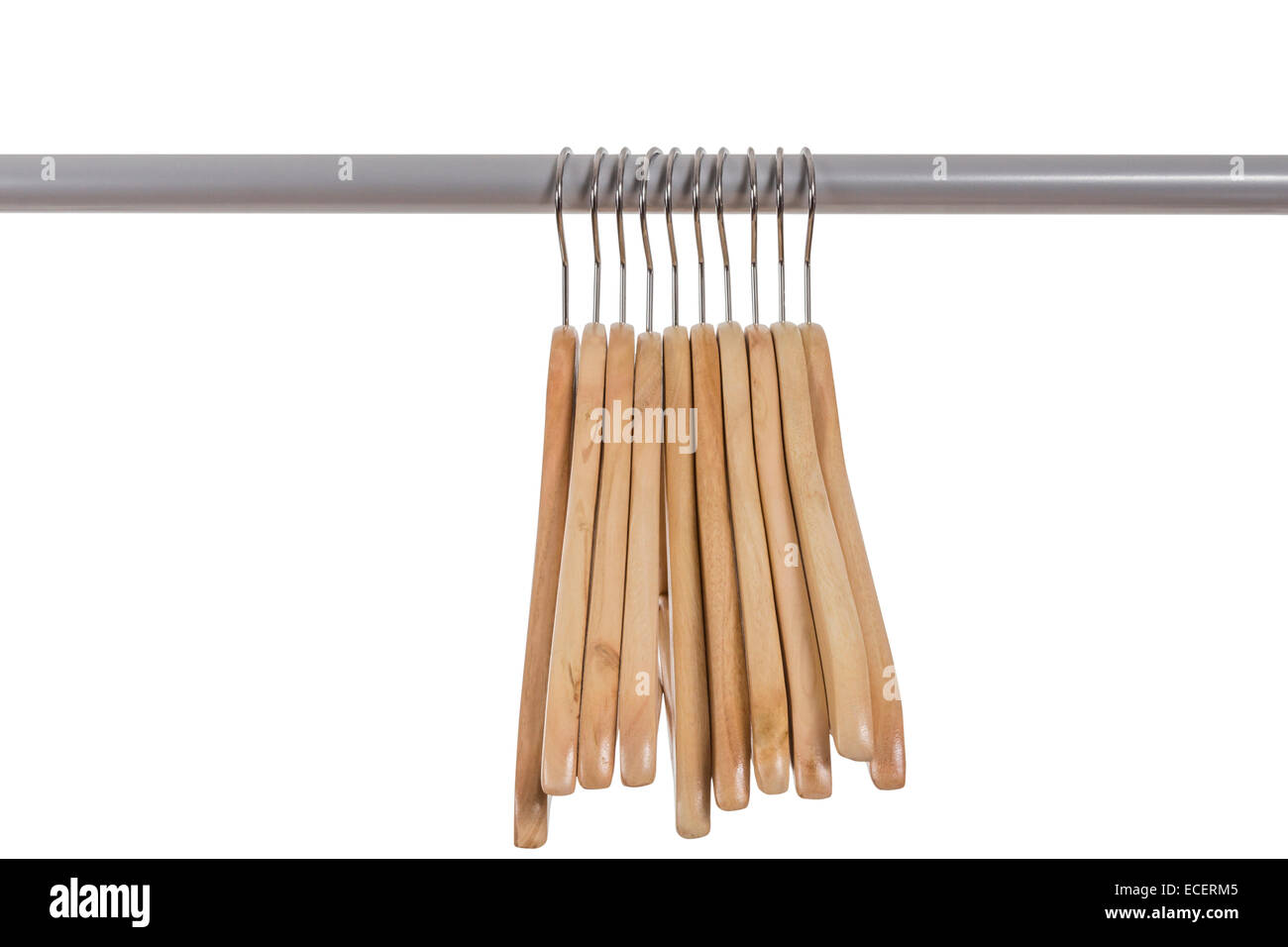 Set of empty wooden hangers on a rack, isolated on white background ...